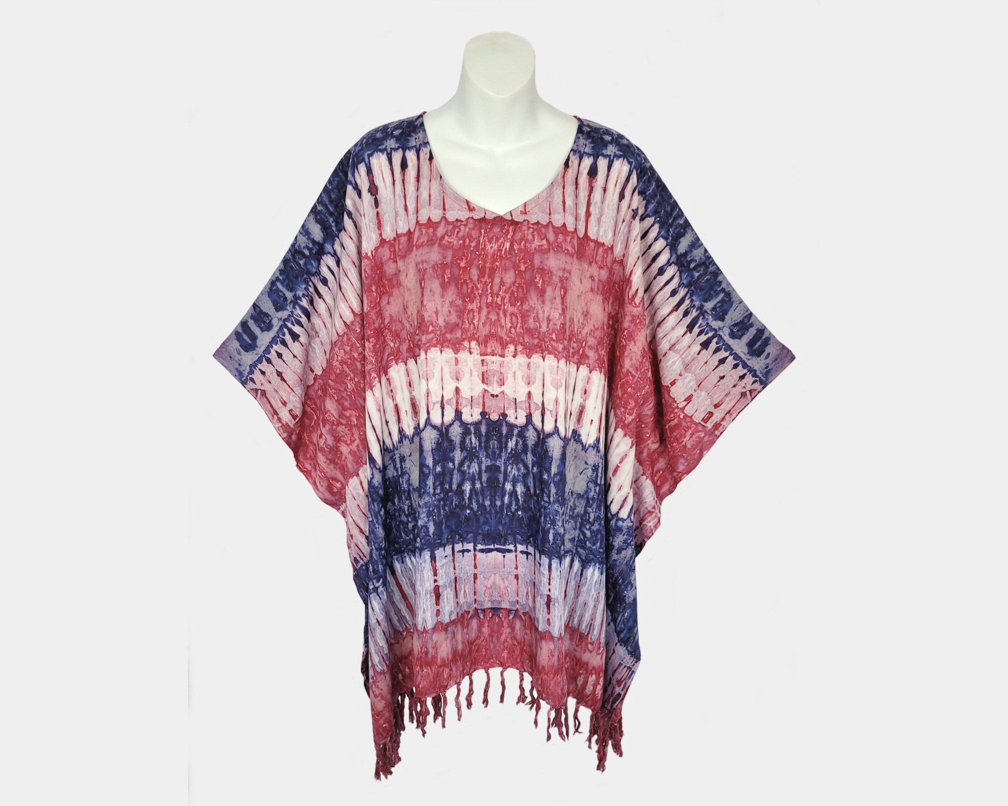 Red, White and Blue Tie Dyed Poncho Top With Fringe, Light Weight Rayon ...