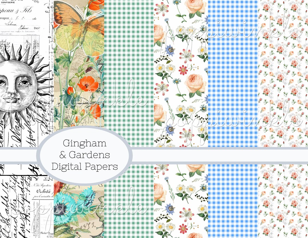 Gingham and Gardens Digital Papers Floral Black and White Checkered ...