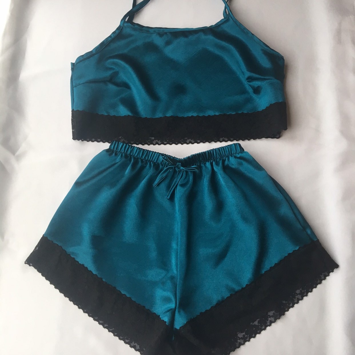 Teal Satin Pyjamas With Black Lace Trim - Etsy