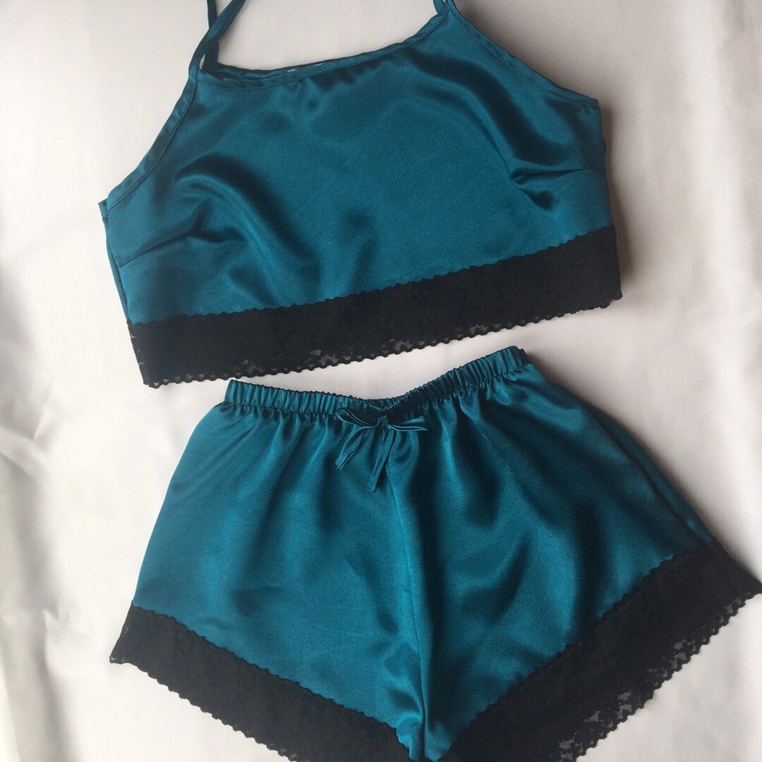 Teal Satin Pyjamas With Black Lace Trim - Etsy