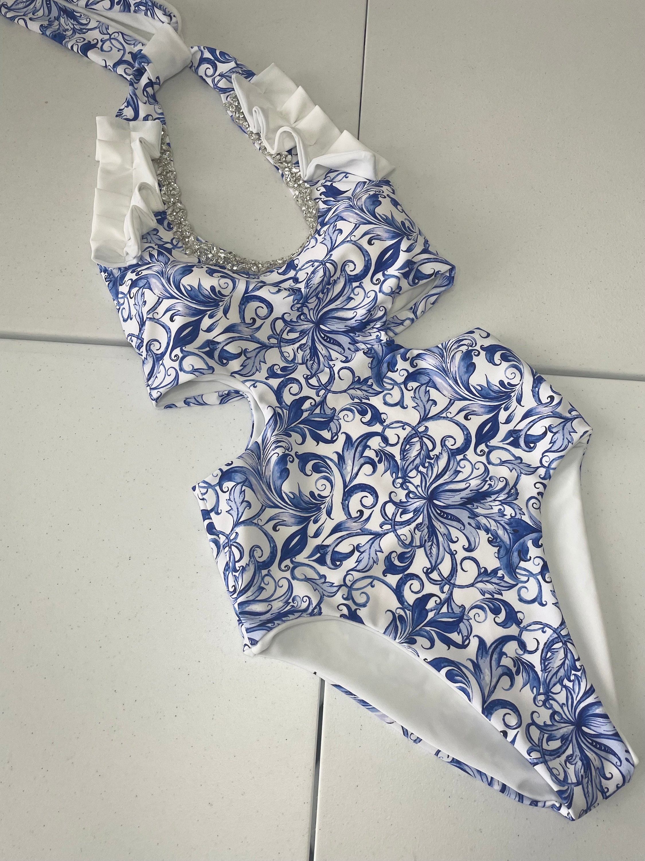 Blue and White Floral Swimsuit Blue and White Bathing Suit Swimwear ...