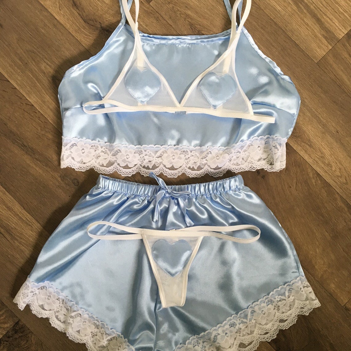 Satin Pyjamas With Lace Trim & Heart Lingerie Set - Etsy