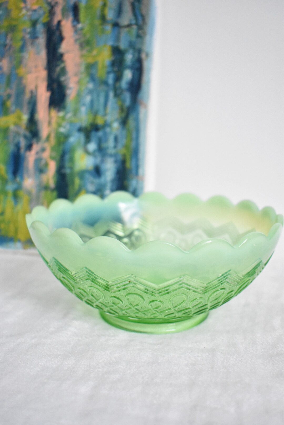 Antique Green Jefferson Glass Bowl, Scallop Edge, Green Opalescent ...