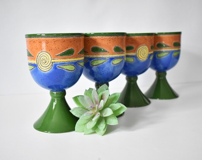 Set of Four Artesa Hand Painted Ceramic Water Goblets, Made in Ecuador ...