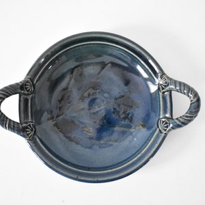 Vintage Round Handmade Tray, Blue Pottery With Handles, Trinket Dish ...