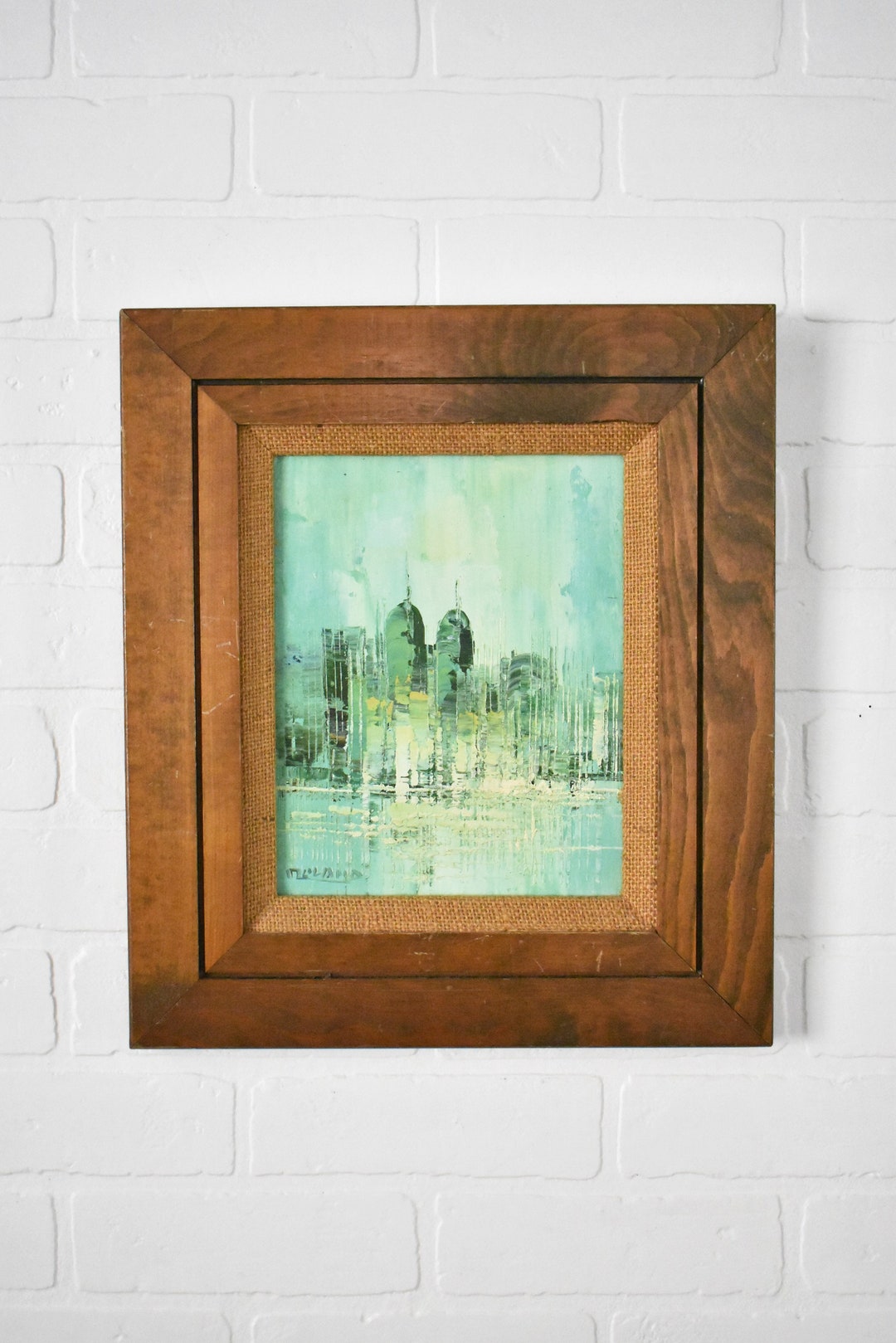 Vintage Mid Century Cityscape Framed Oil Painting, Buildings by a River ...