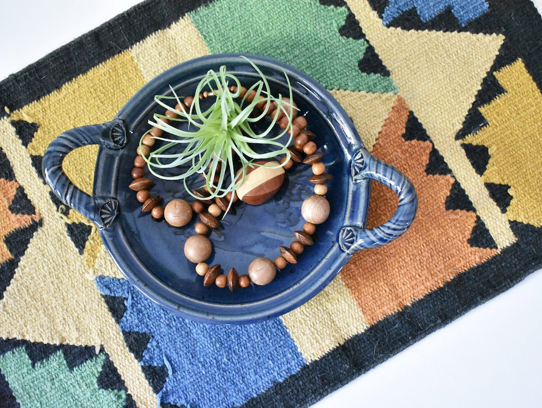 Vintage Round Handmade Tray, Blue Pottery With Handles, Trinket Dish ...