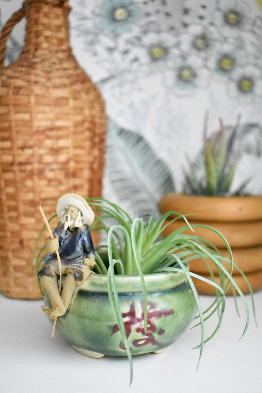 Vintage Asian Mudman Planter: Green Ceramic Fisherman Pottery - Etsy