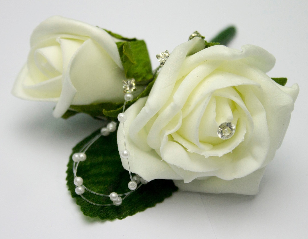 Double Ivory Wedding Buttonholes With Daimante and Pearl Spray - Etsy