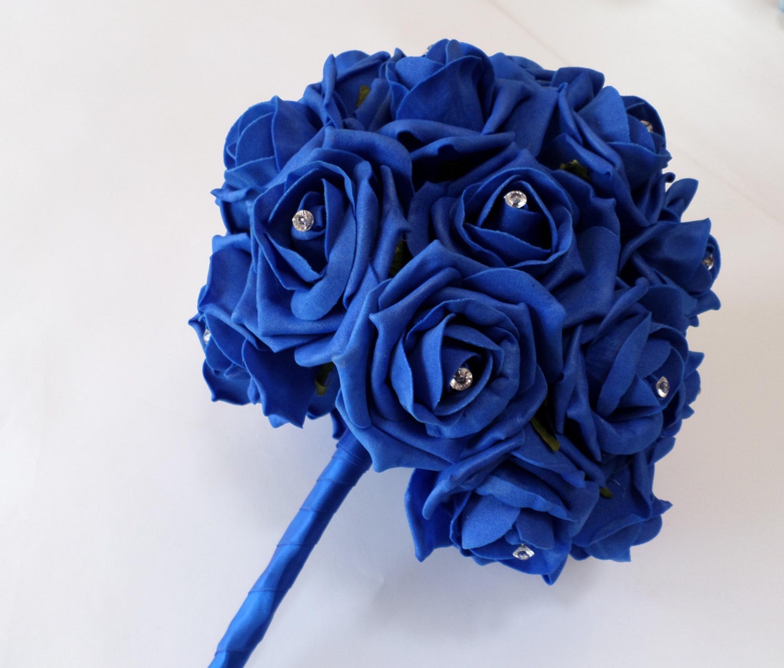 Wedding Bouquet in Royal Blue Roses With Diamante Pins - Etsy UK