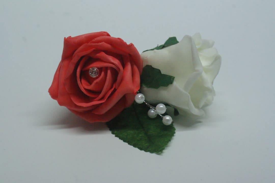 Double Cottage Ivory Rose Buttonholes With Pearl Spray, Perfect for All ...