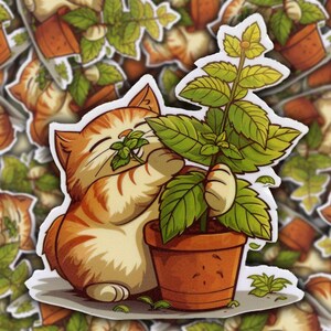 Catnip Lover Sticker – Cute Orange Cat With Catnip Plant, Vinyl Decal ...