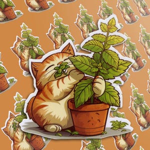 Catnip Lover Sticker – Cute Orange Cat With Catnip Plant, Vinyl Decal ...