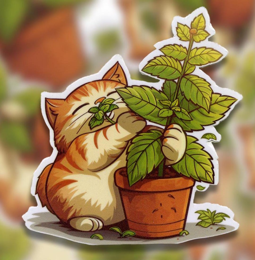 Catnip Lover Sticker – Cute Orange Cat With Catnip Plant, Vinyl Decal ...