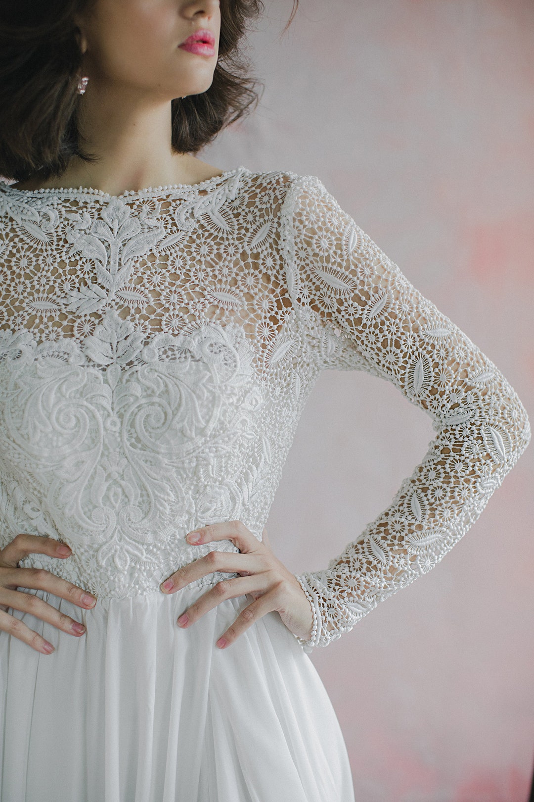 Open Back Bohemian Wedding Dress Long Fitted Sleeves A Line Etsy