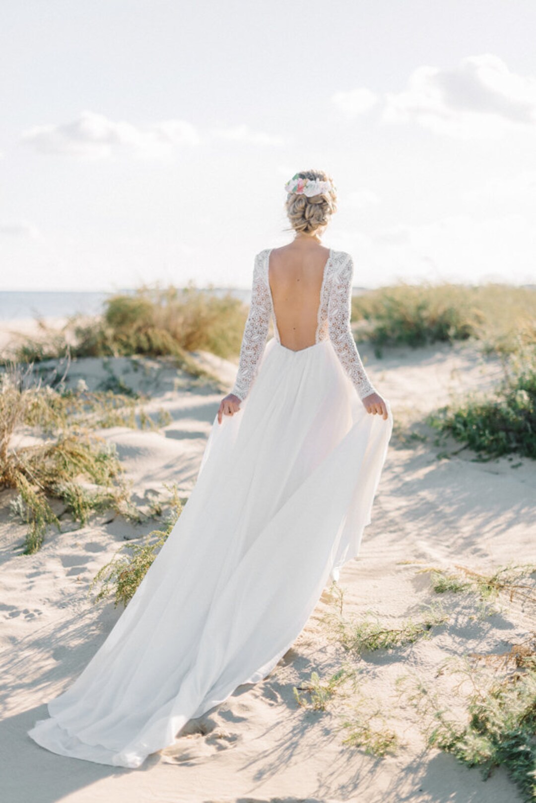 Open Back Bohemian Wedding Dress With Long Sleeves Boho Lace Etsy
