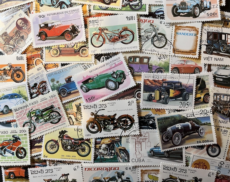 N028 - 50 Different Cars & Motorcycle Stamps | Worldwide Stamps ...