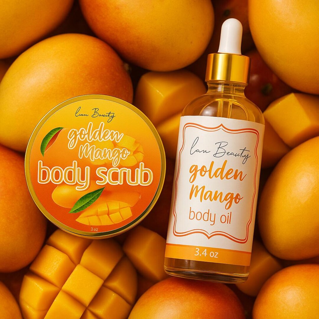 Golden Mango Body Scrub & Body Oil Set – Exfoliating Glove – Fruit ...