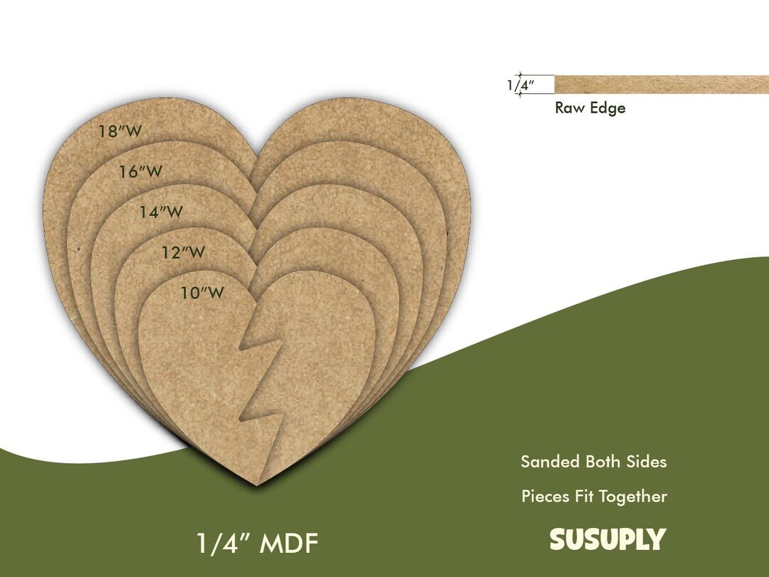 1/4 MDF Broken Heart 10 to 18 Wide Raw MDF Heart Blank Unfinished MDF ...