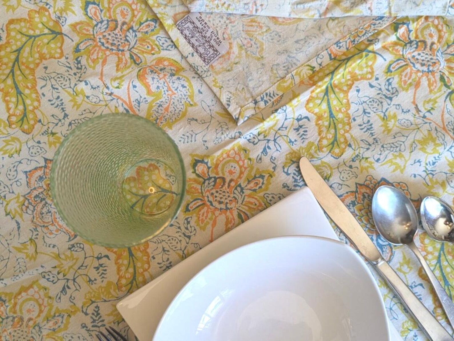 Hand Block Printed Cotton Tablecloth: French Floral Vine Design, 59x86 ...