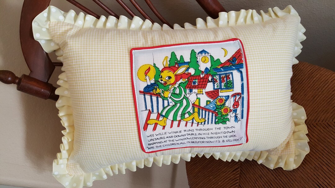Wee Willie Winkie Pillow: Vintage Nursery Rhyme Hankie, Yellow Gingham ...
