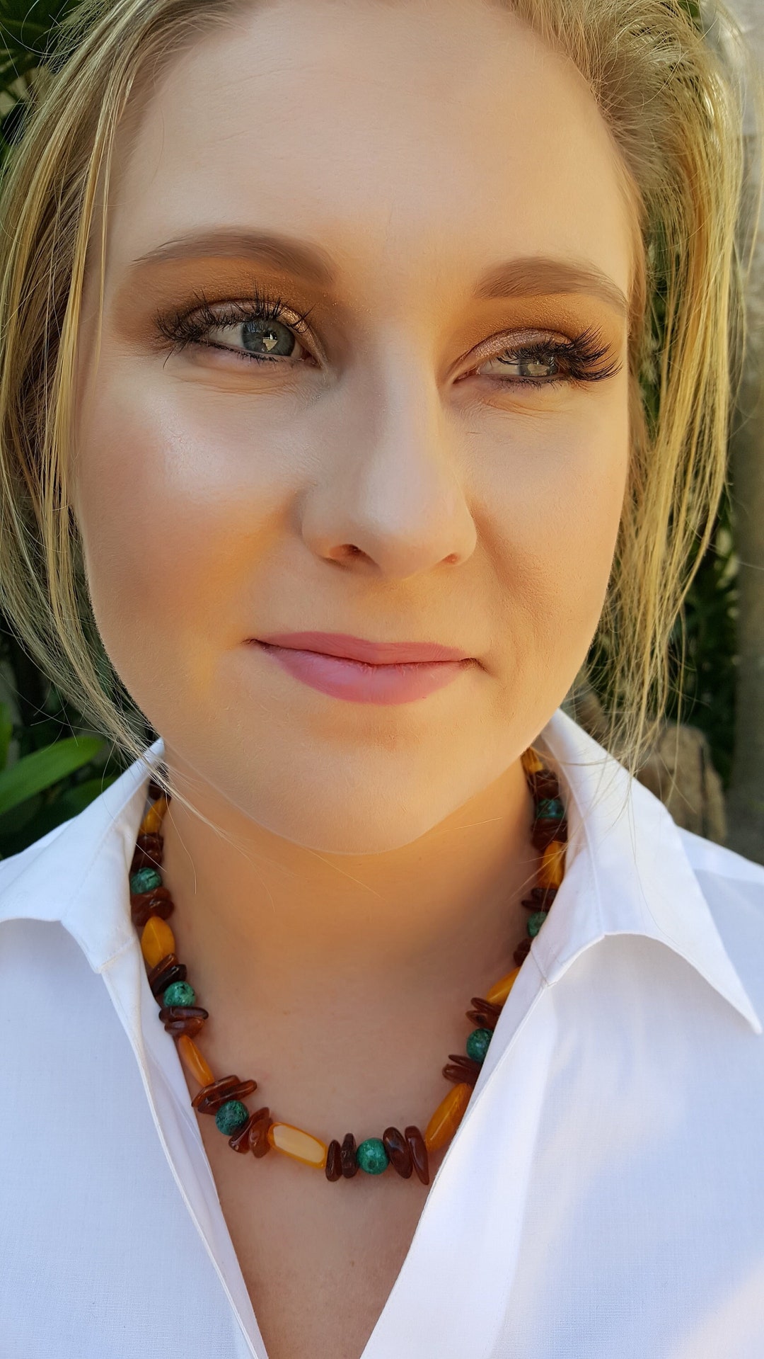 Handcrafted Authentic Chrysocolla & Earthy Amber Gemstone Necklace With ...