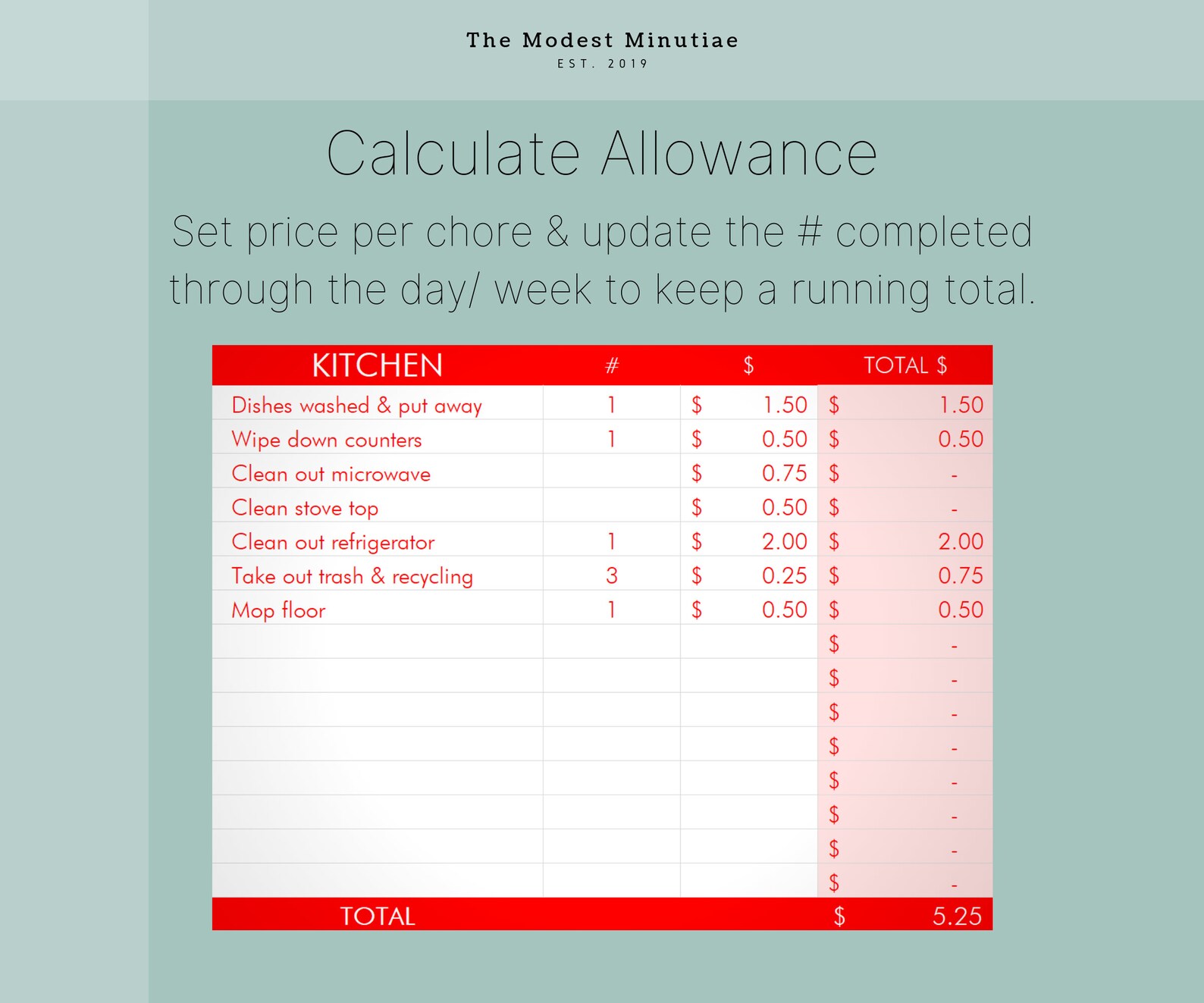 Chore Chart & Allowance Excel Tracker - Etsy