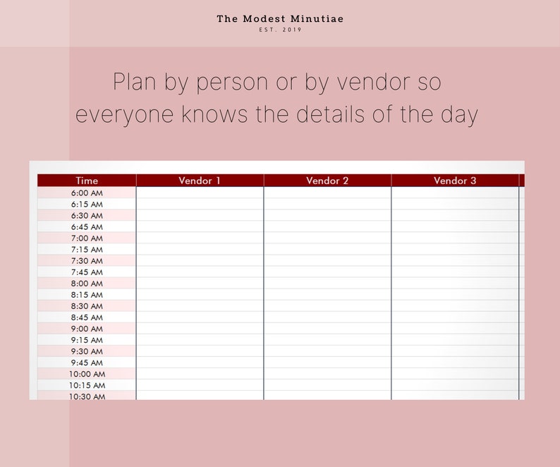 Wedding Day Timeline Rose - Vendor & Wedding Party Timeline Excel ...