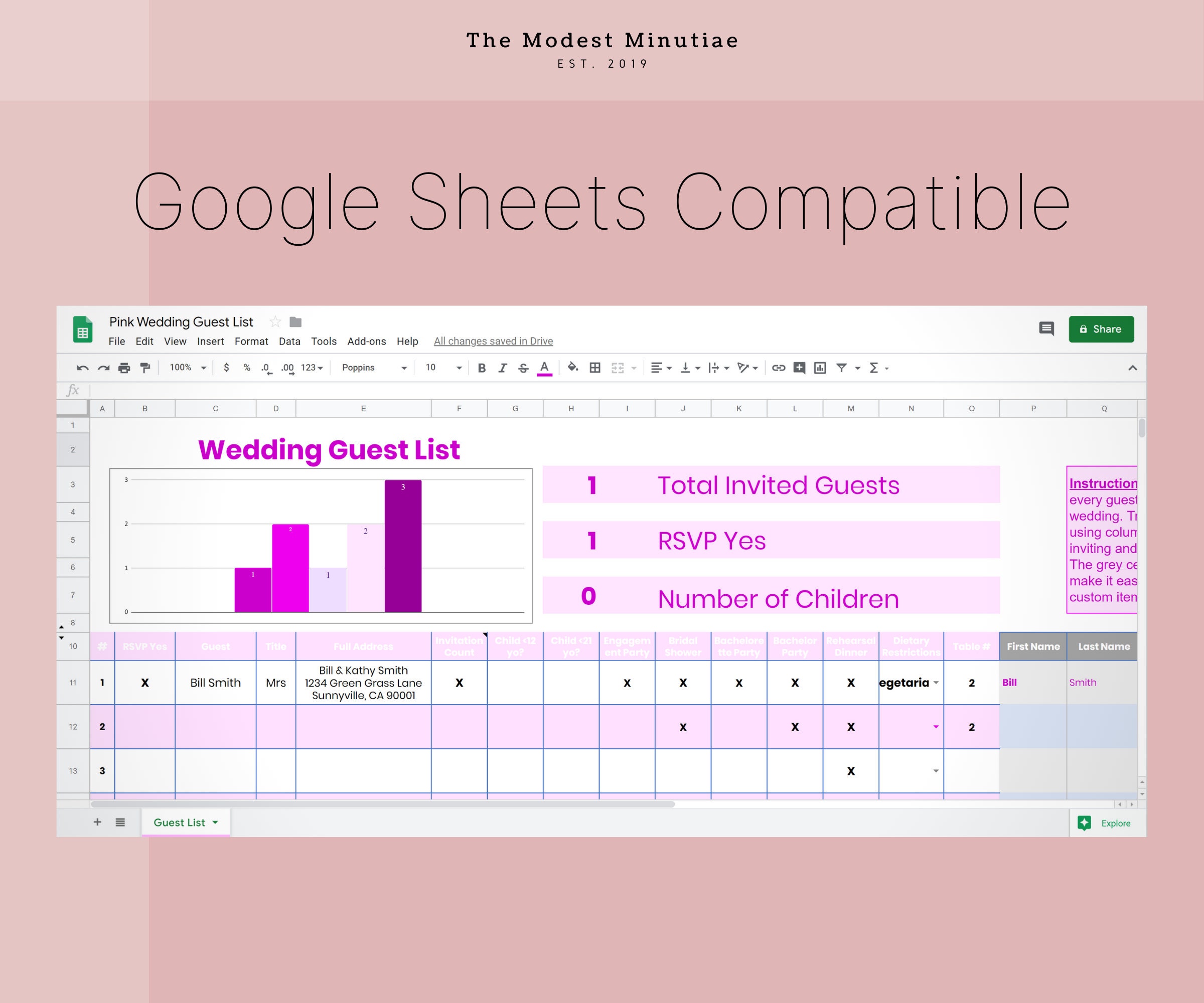 Wedding Guest List Excel Template Pink | Excel & Google Sheets ...