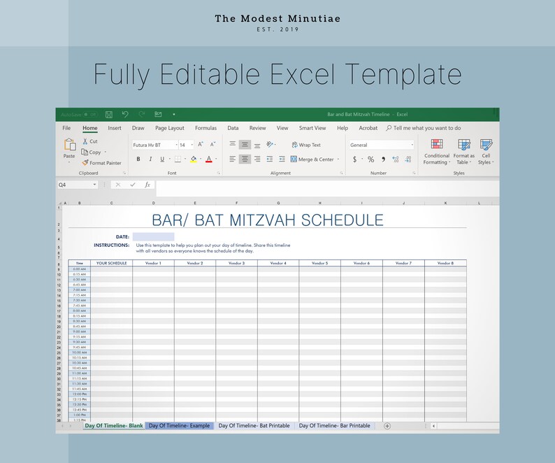 Bar and Bat Mitzvah Vendor Timeline & Day of Schedule | Excel and ...