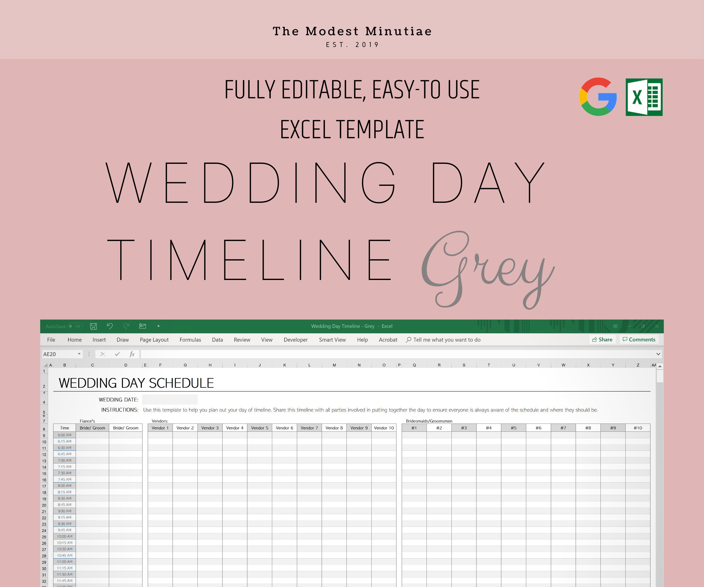 Wedding Day Timeline Grey Vendor & Wedding Party Timeline Excel ...