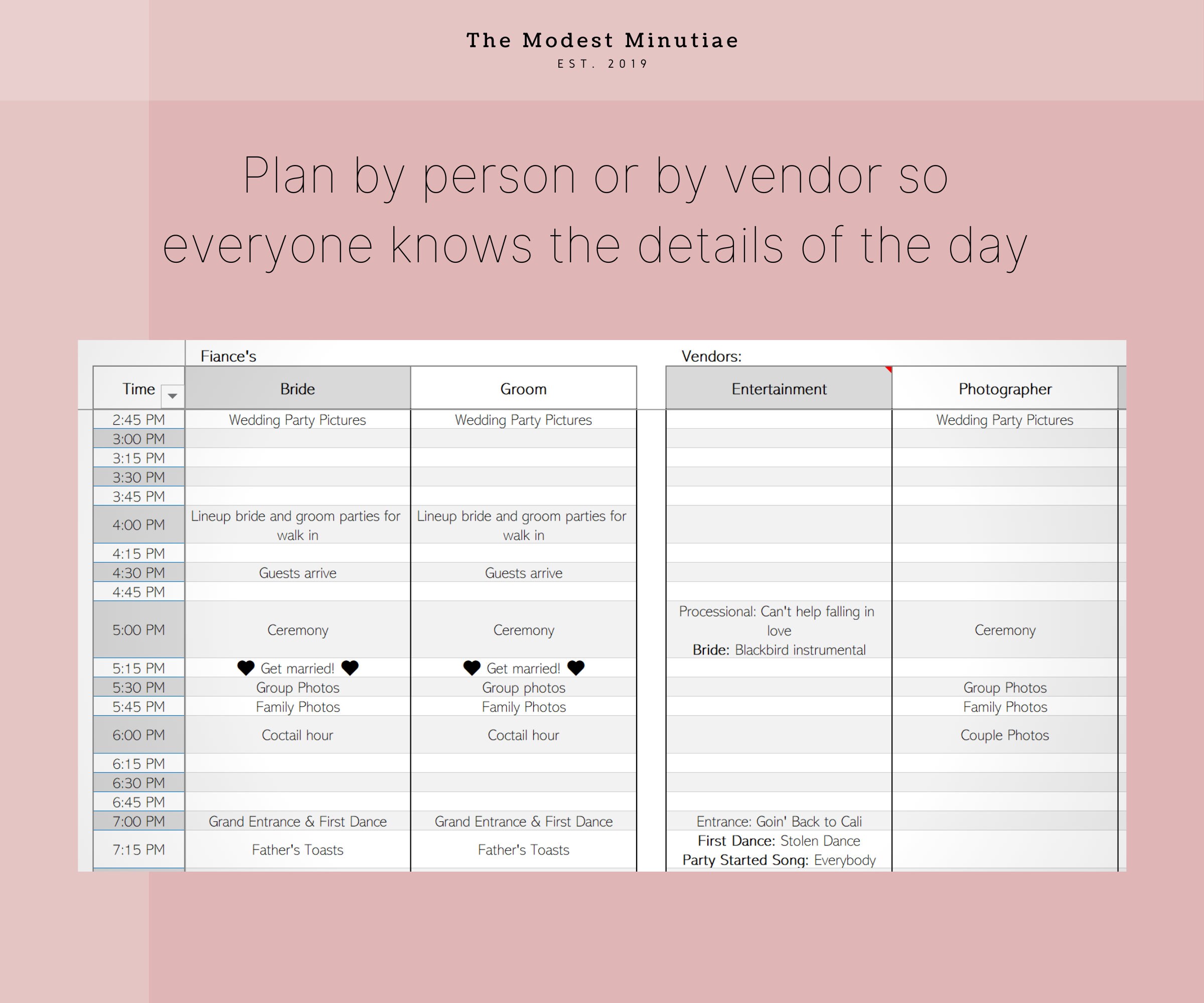 Wedding Day Timeline Grey - Vendor & Wedding Party Timeline Excel ...