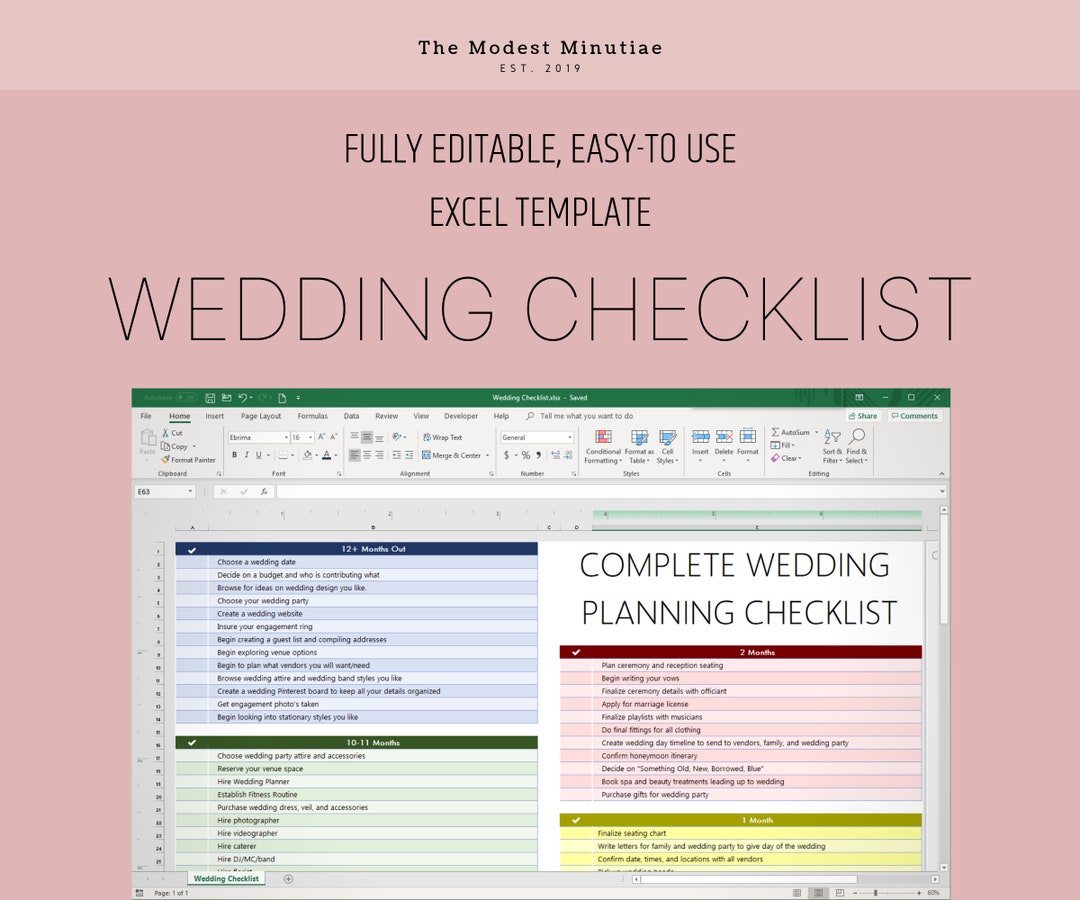 Wedding Checklist | Excel & Printable Wedding to Do List - Etsy