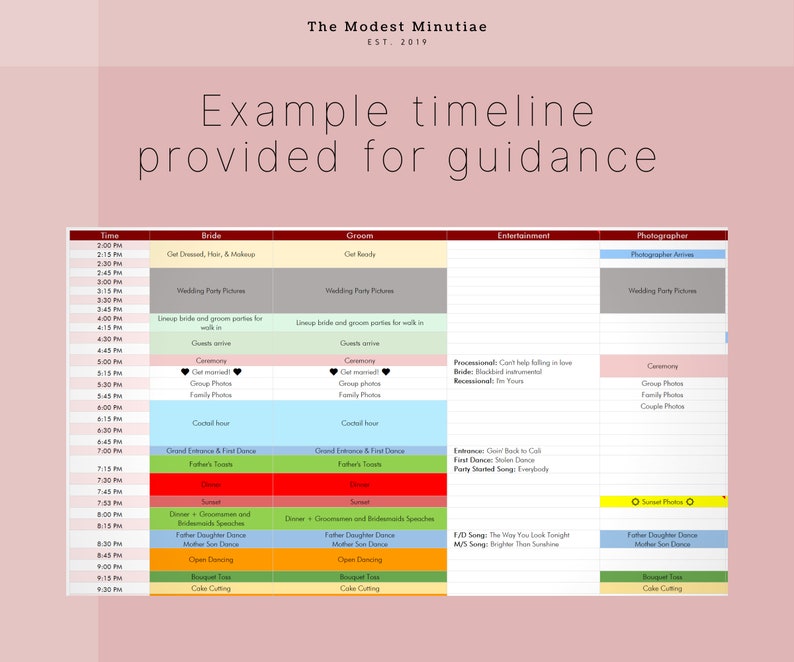 Wedding Day Timeline Rose - Vendor & Wedding Party Timeline Excel ...