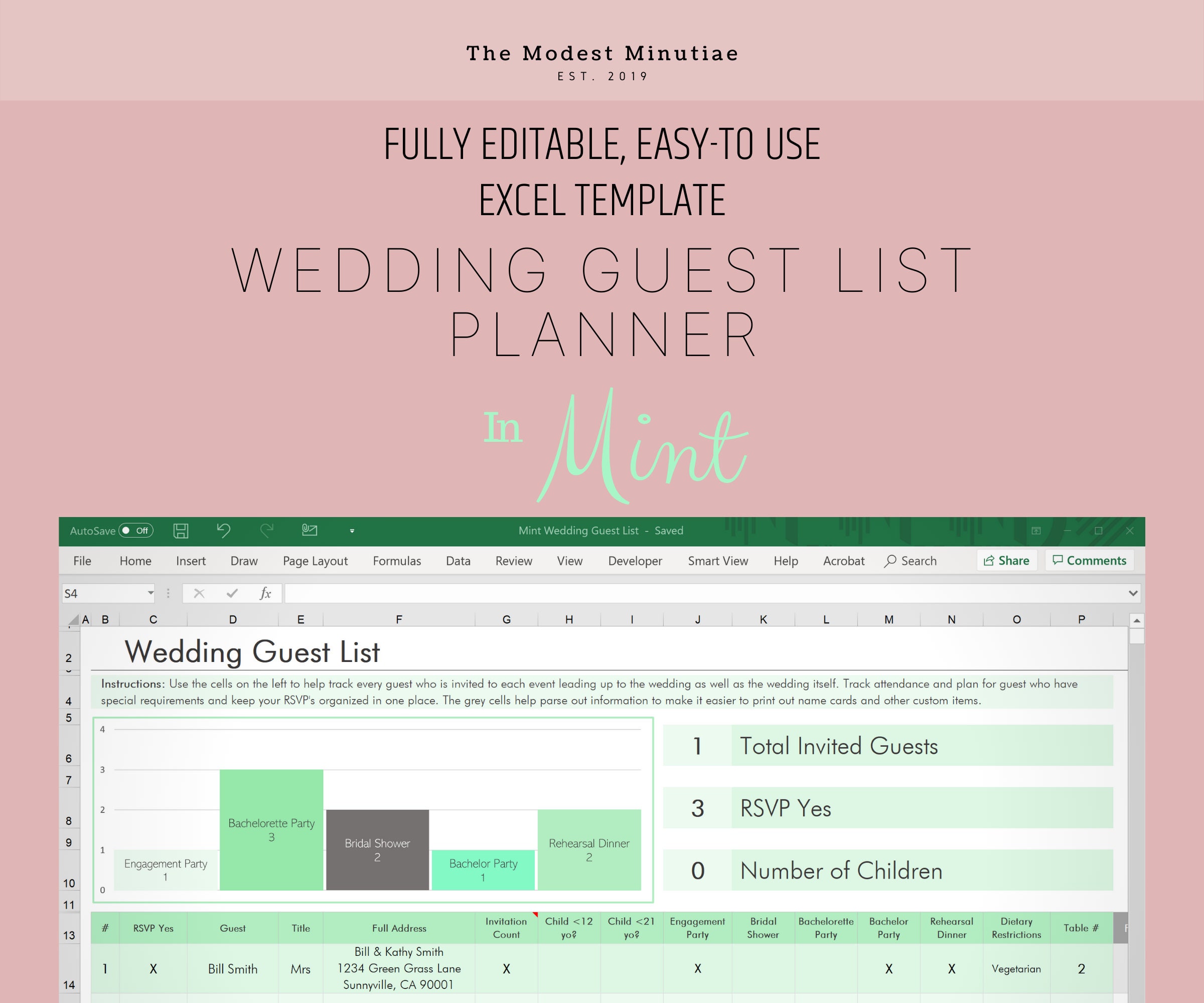 Wedding Guest List Excel Template Mint | Excel & Google Sheets ...