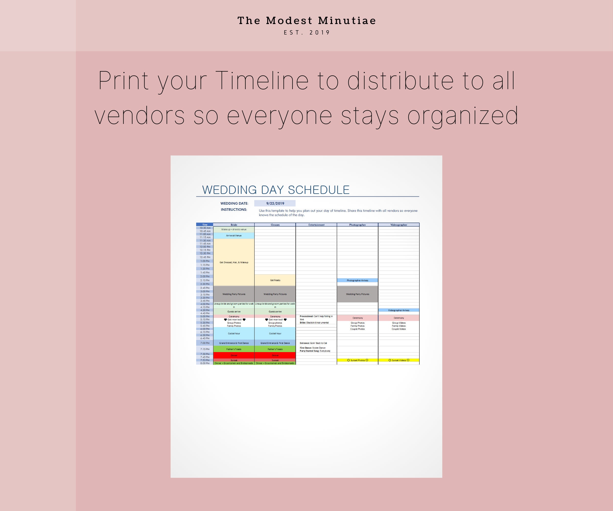 Wedding Day Timeline Pink - Vendor & Wedding Party Timeline Excel ...