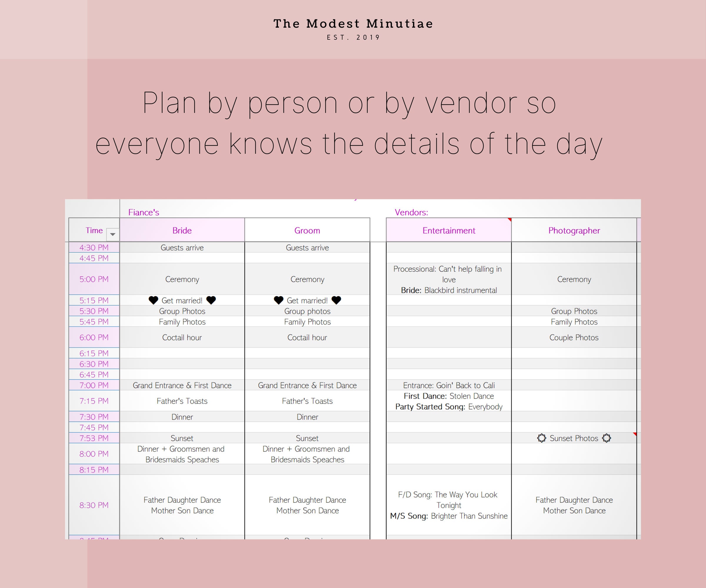 Wedding Day Timeline Pink - Vendor & Wedding Party Timeline Excel ...