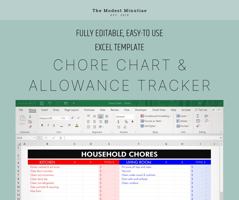 Chore Chart & Allowance Excel Tracker - Etsy