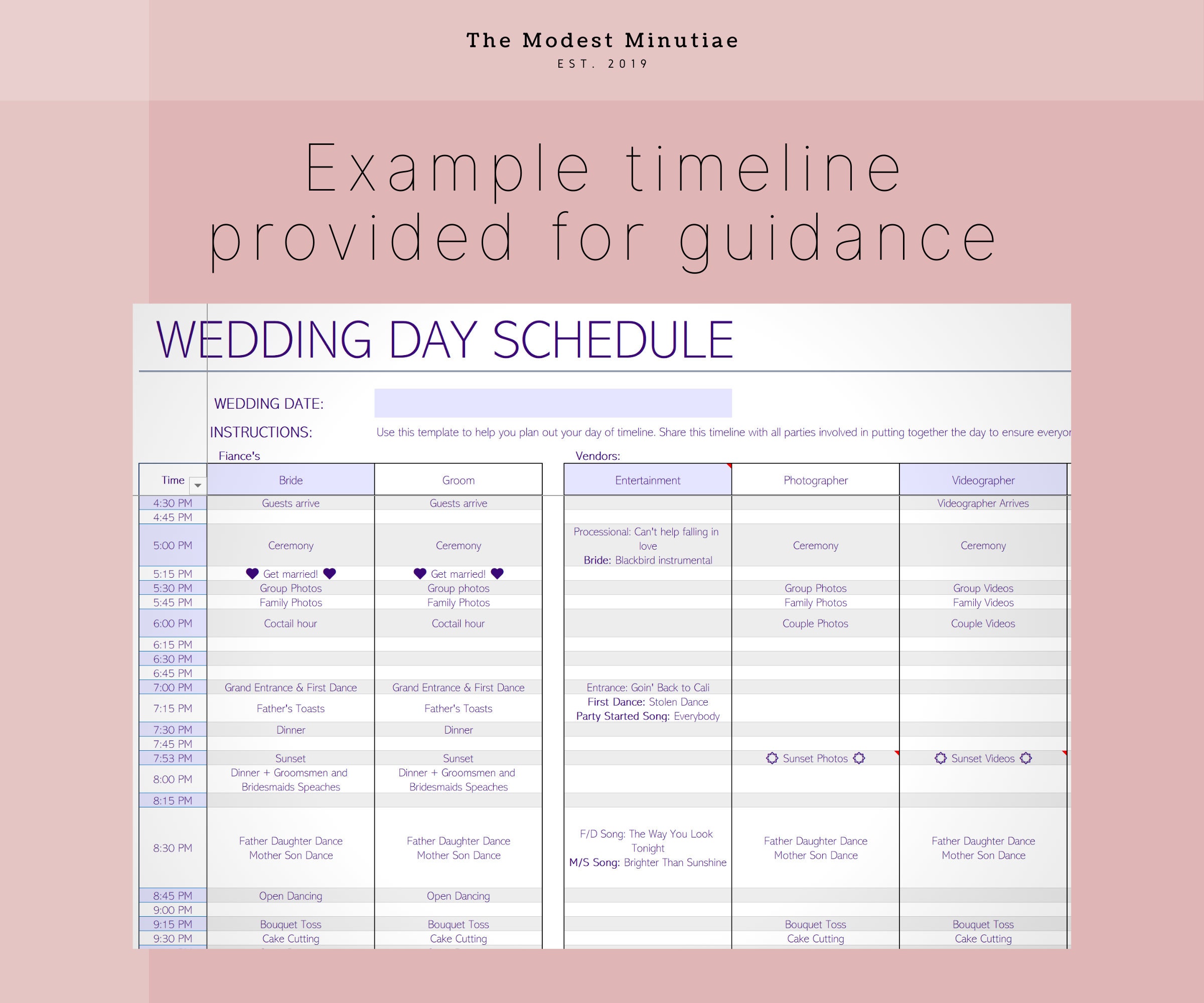 Wedding Day Timeline Purple - Vendor & Wedding Party Timeline Excel ...