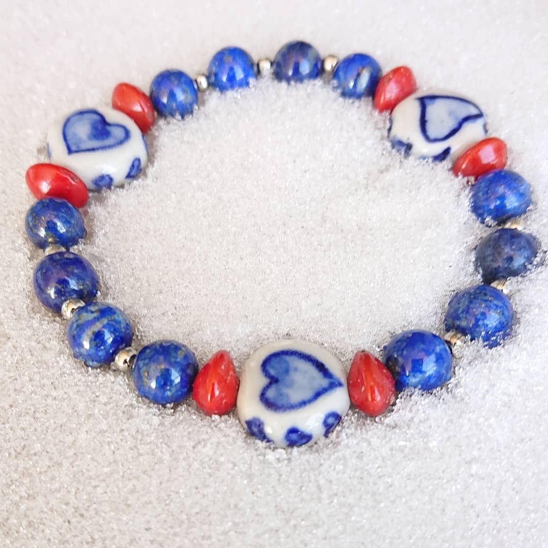 Dutch Delft Blue Bracelet With Ceramic Hearts, Lapis Lazuli & Pau ...