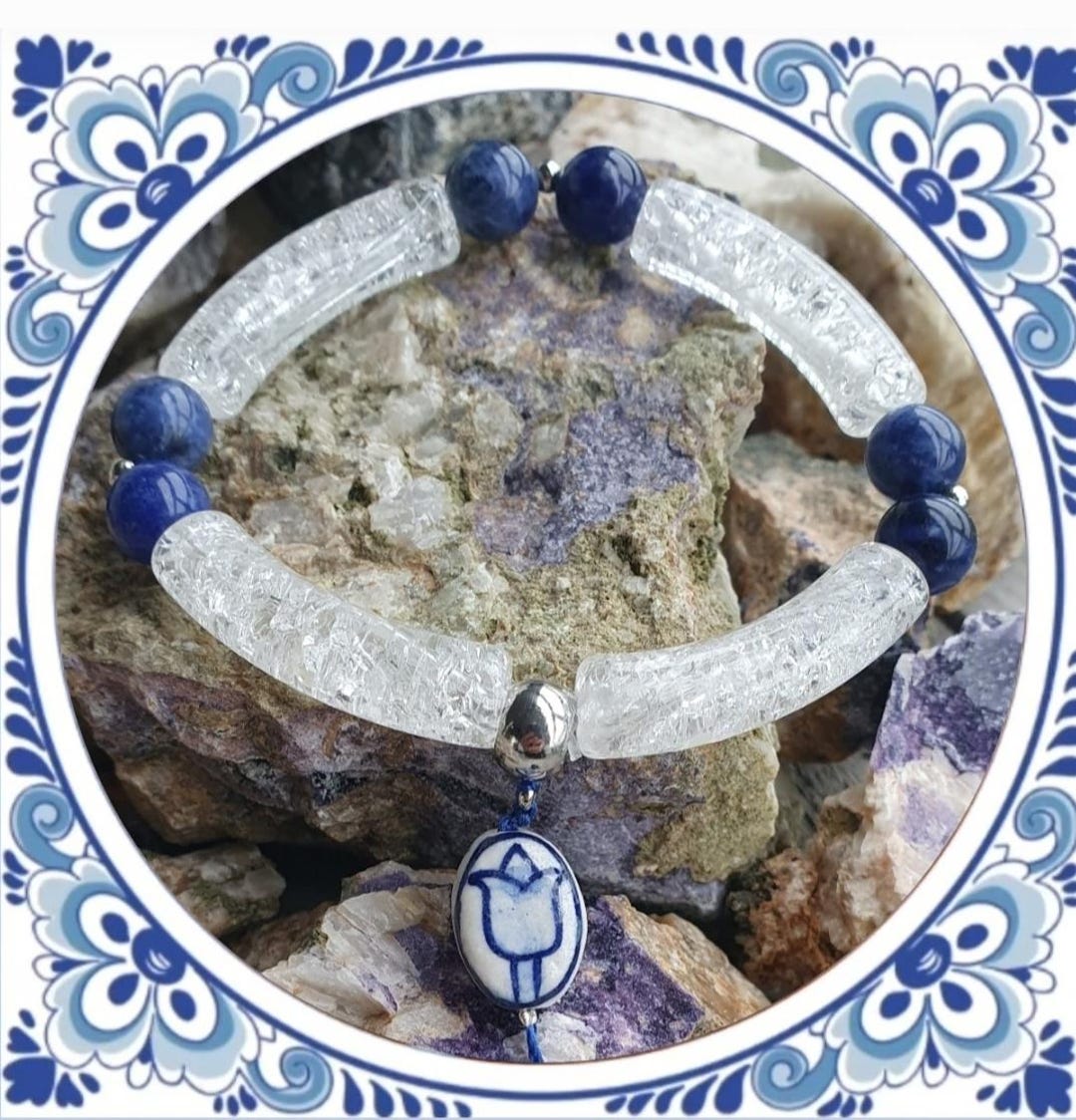 Dutch Delft Blue Bracelet, Ceramic Heart, Lapis Lazuli & Acrylic Tube ...