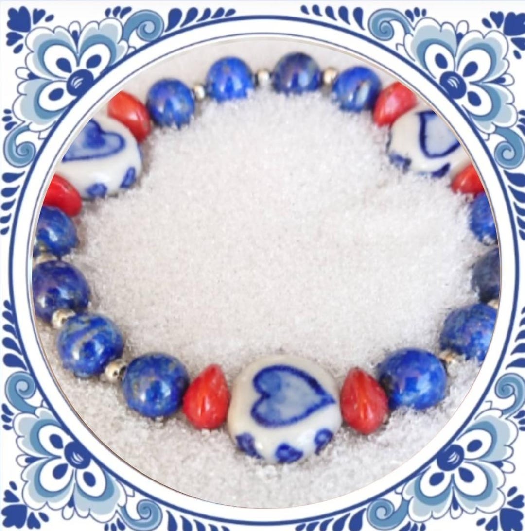 Dutch Delft Blue Bracelet With Ceramic Hearts, Lapis Lazuli & Pau ...