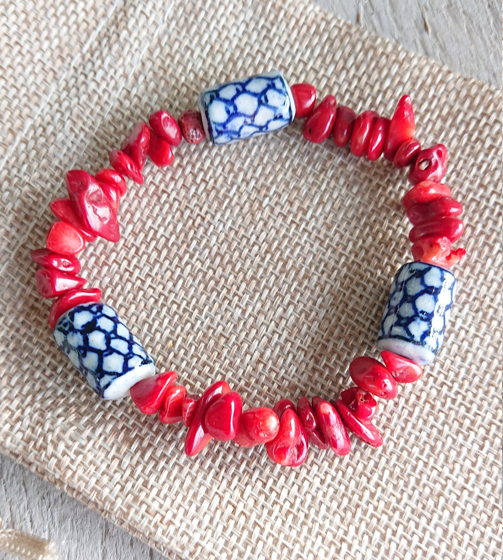 Dutch Delft Blue Ceramic Beaded Bracelet With Red Bamboo - Etsy