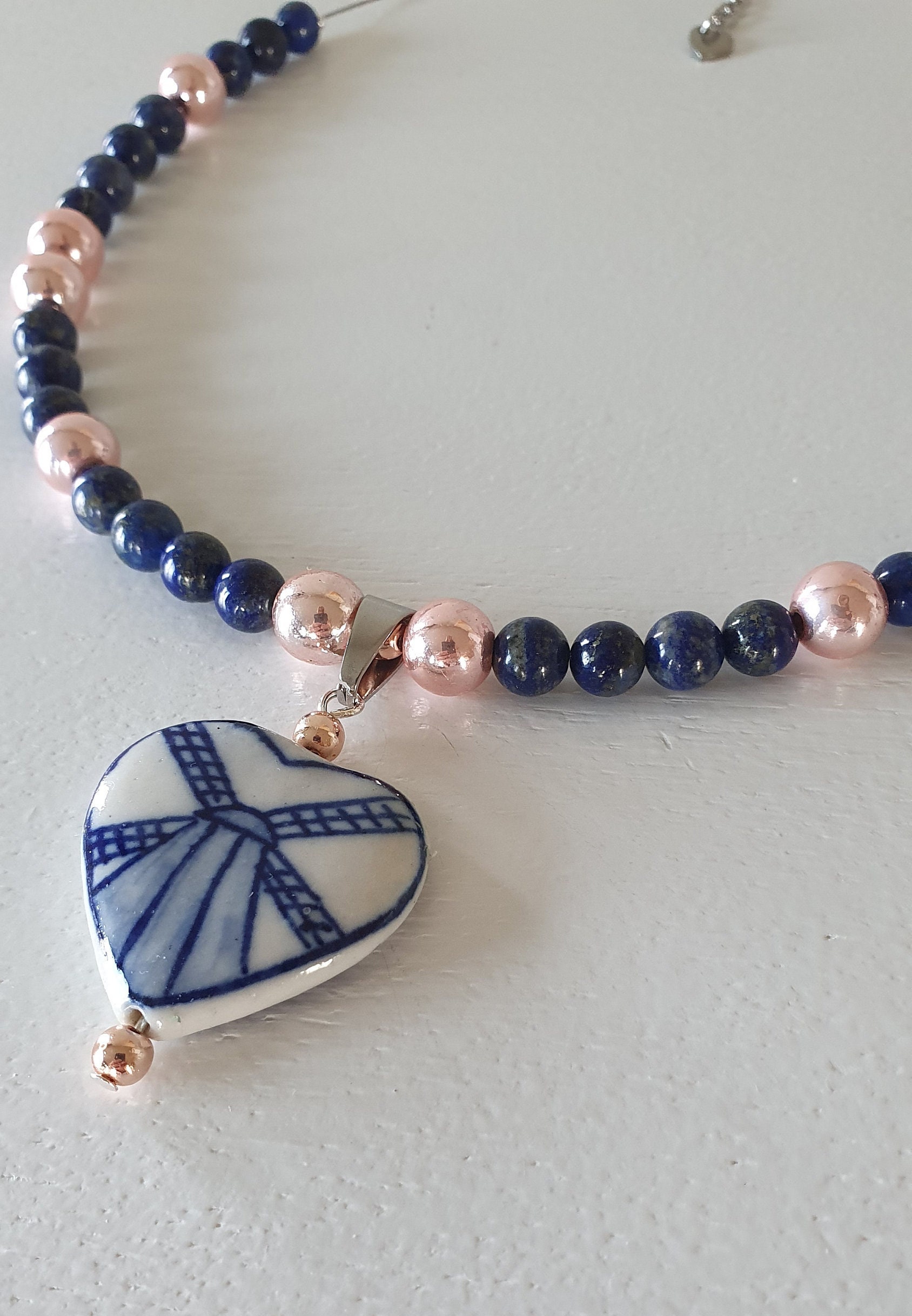 Dutch Style Necklace Delft Blue Ceramic Heart Mill/ Lapis - Etsy
