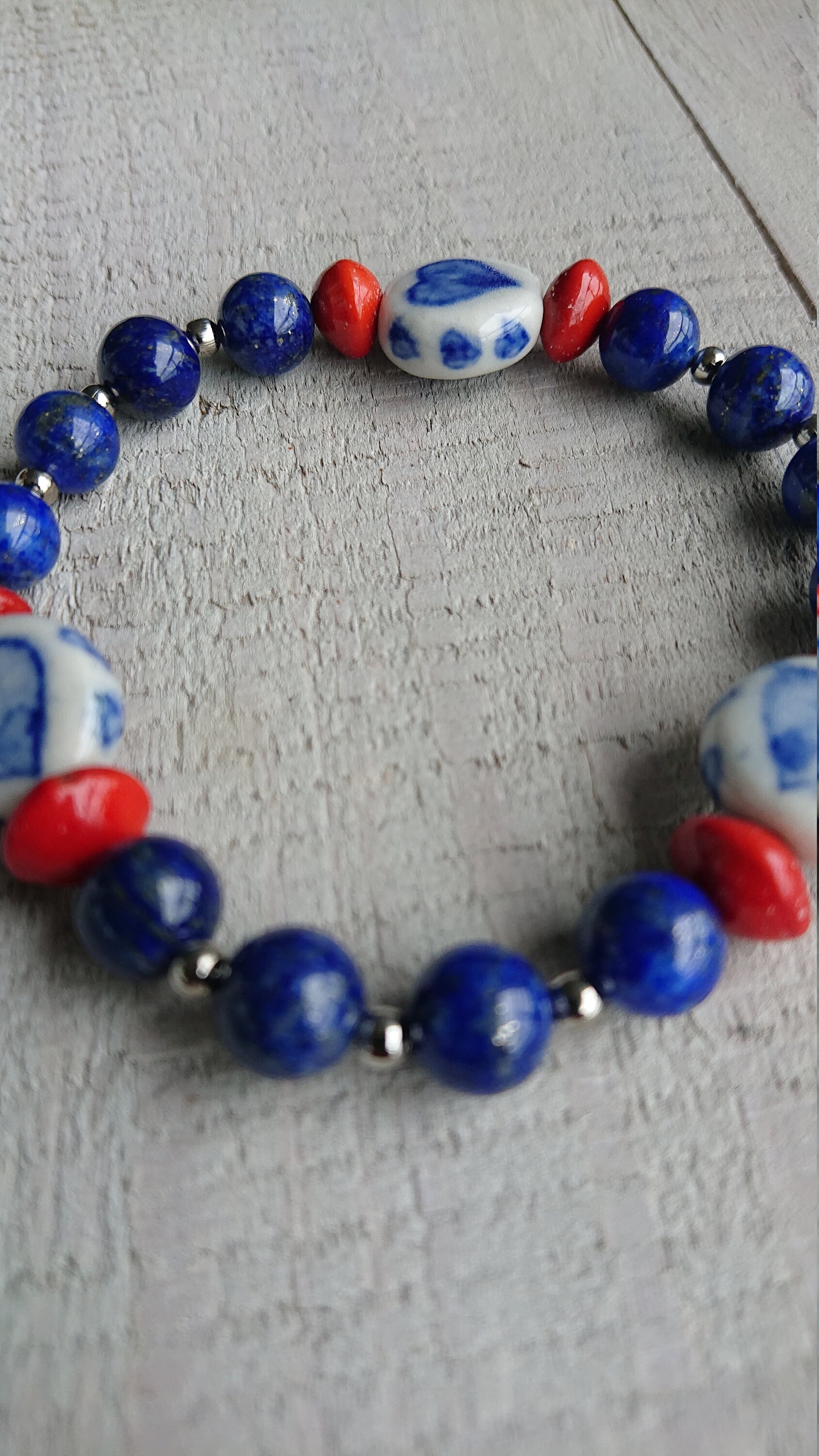 Dutch Delft Blue Bracelet With Ceramic Hearts, Lapis Lazuli & Pau ...