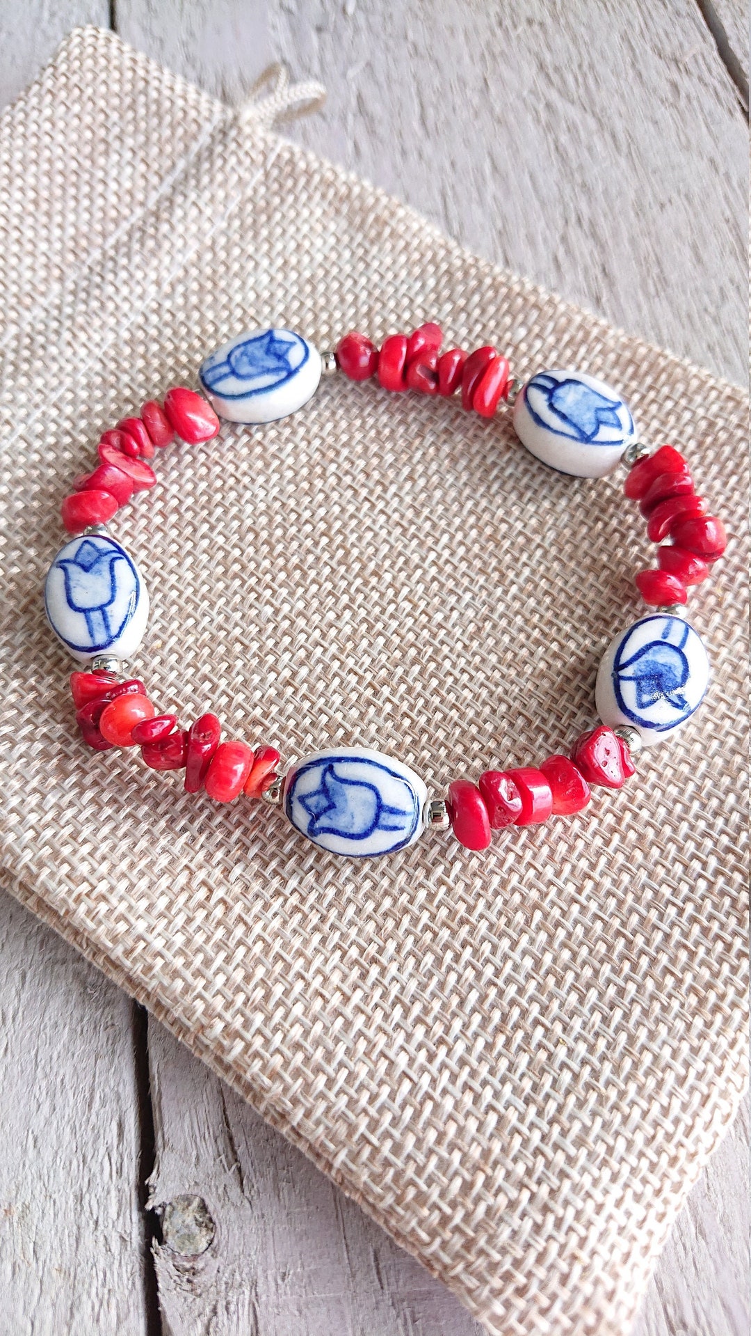 Dutch Delft Blue Ceramic Beaded Bracelet Tulip/ Red Bamboo - Etsy