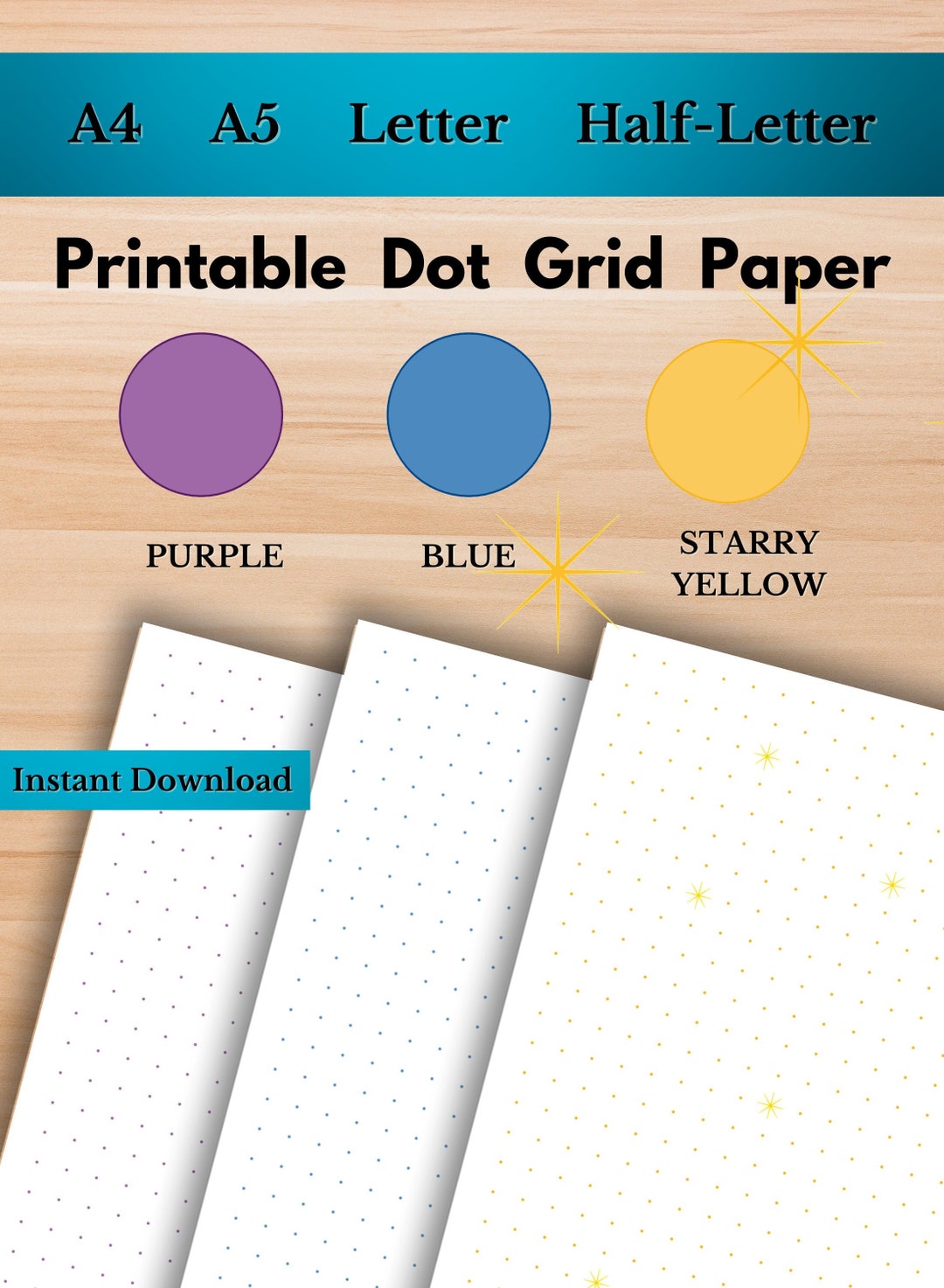Colored Printable Dot Grid Journal Paper, Purple Blue and Yellow Stars ...
