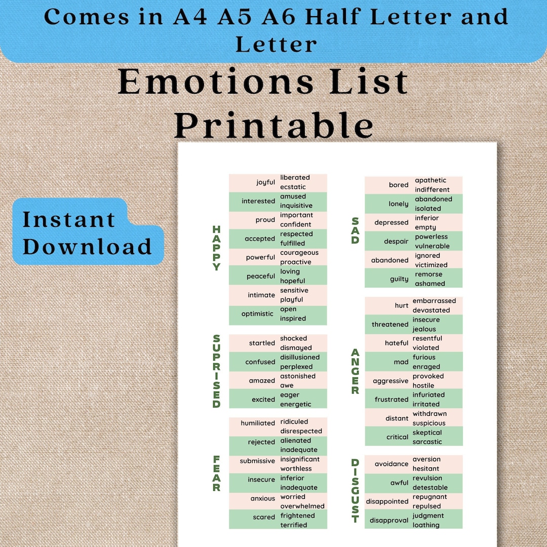 Lista de emociones imprimible / Tamaño A6 A5 A6 media letra - Etsy México