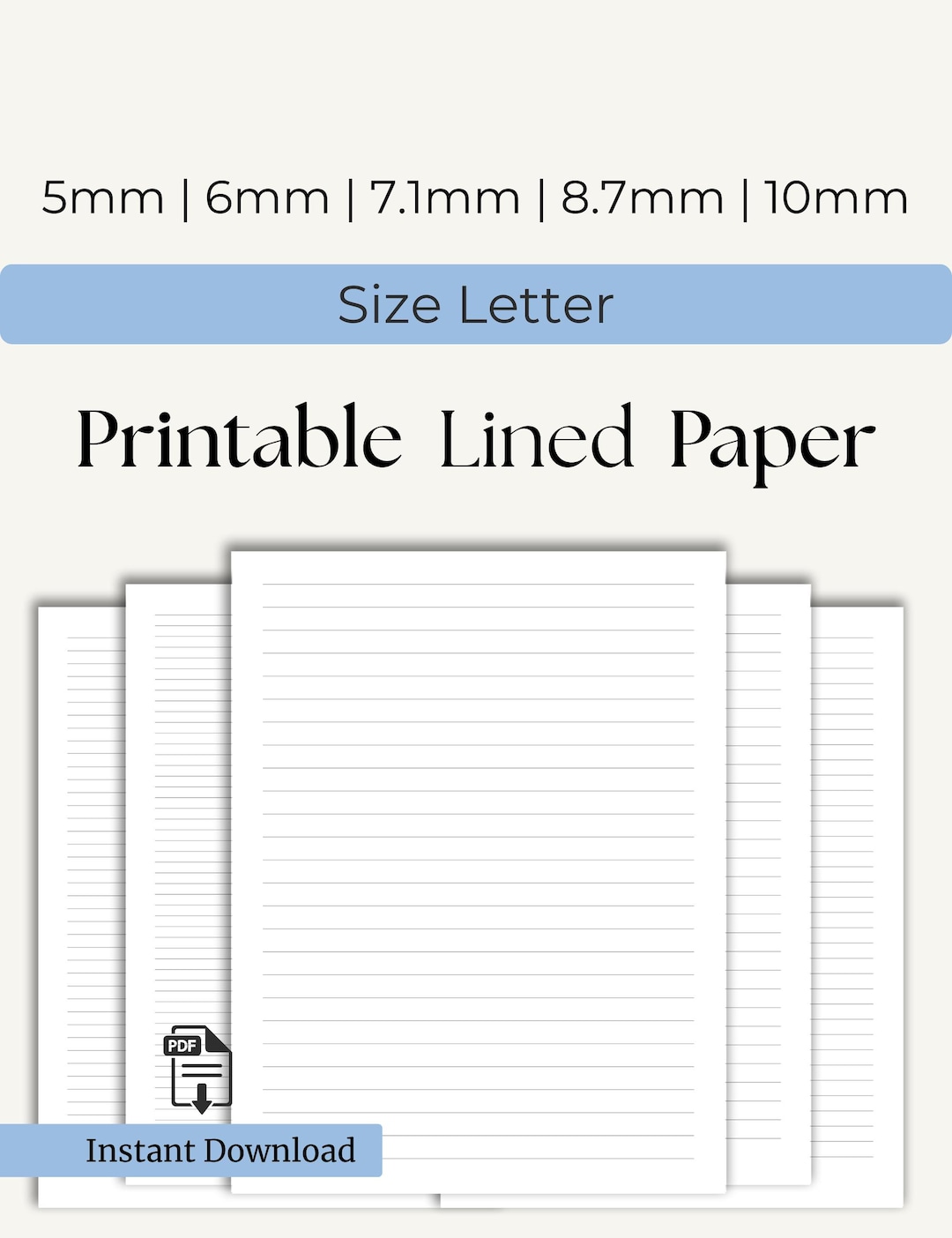 Printable Lined Paper PDF. Letter Size. Wide Ruled, College Ruled, 5mm ...