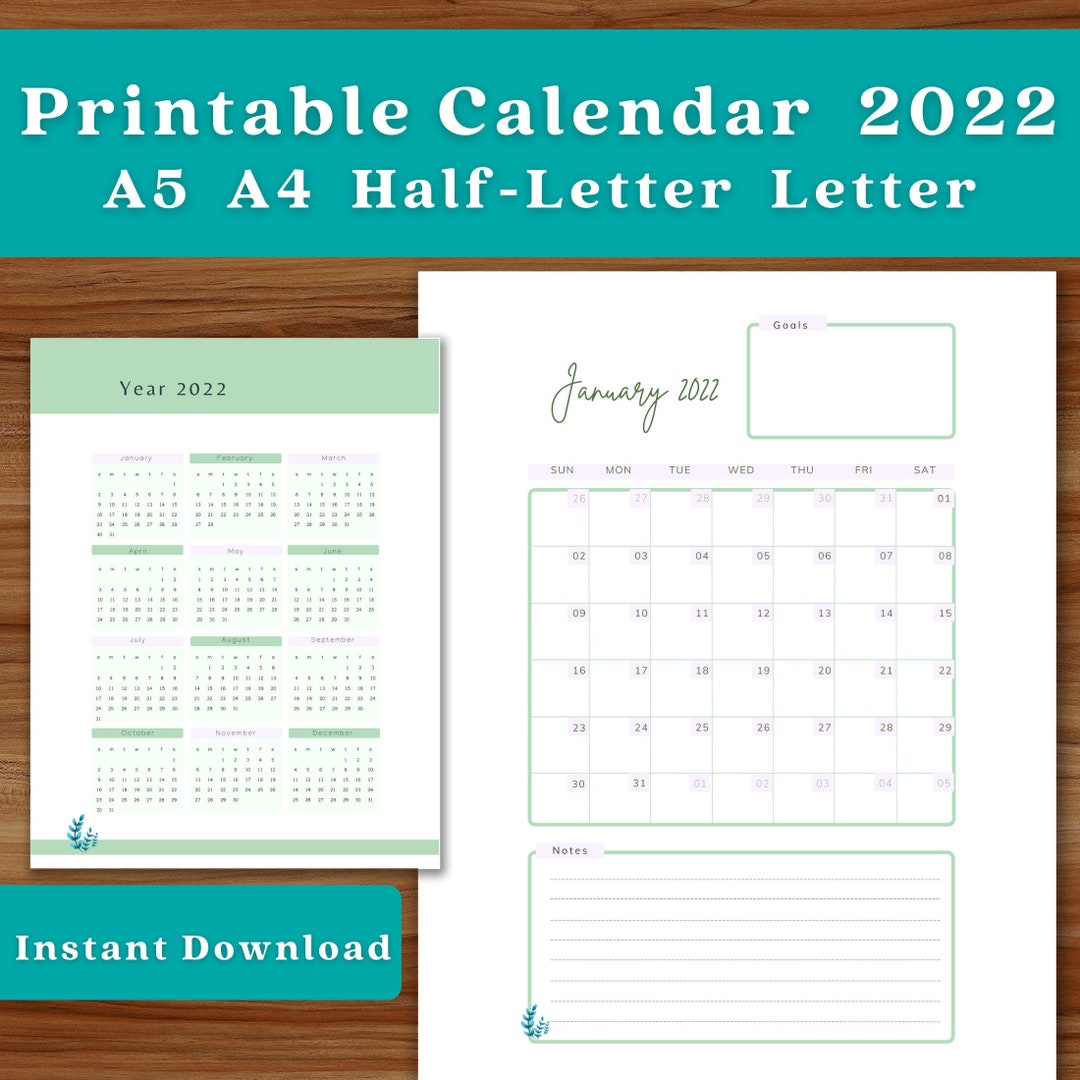 2022 Calendar Set Printable Download Size A6 A5 Half - Etsy Australia
